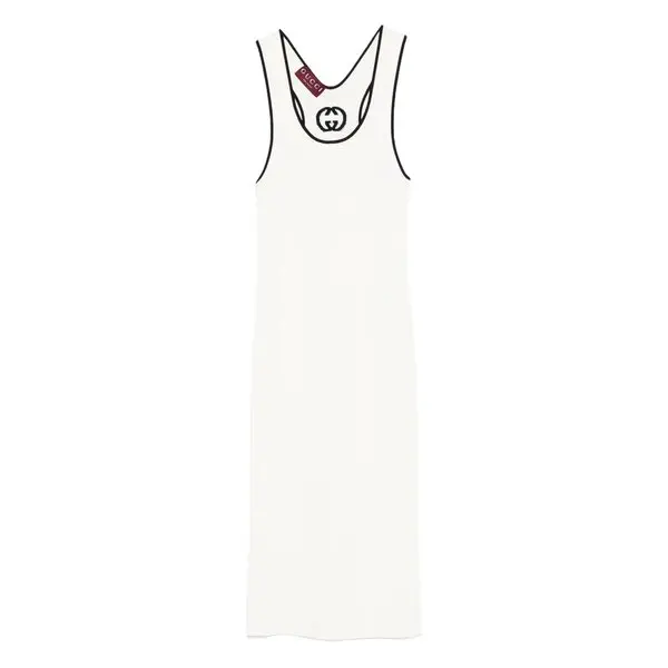 Gucci Sleeveless Crew Neck Dress With Signature Logo Trim - White