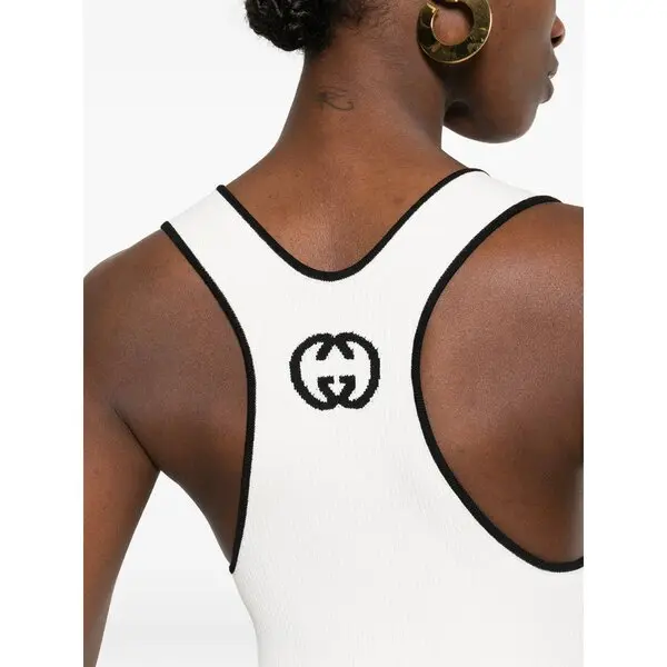 Gucci Sleeveless Crew Neck Dress With Signature Logo Trim - White