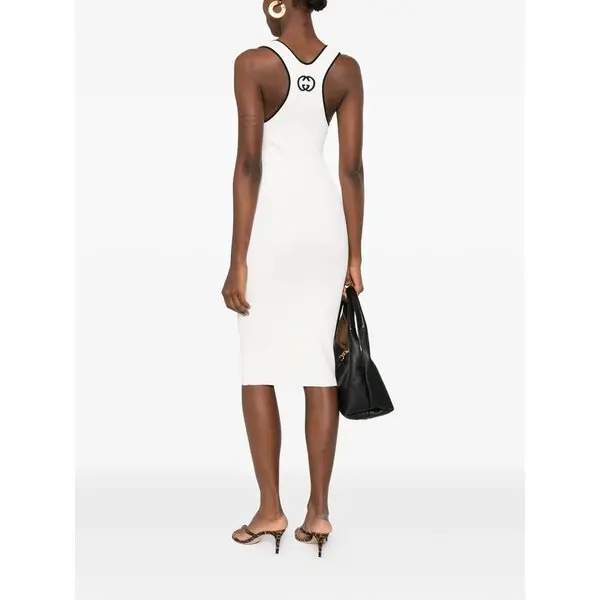 Gucci Sleeveless Crew Neck Dress With Signature Logo Trim - White