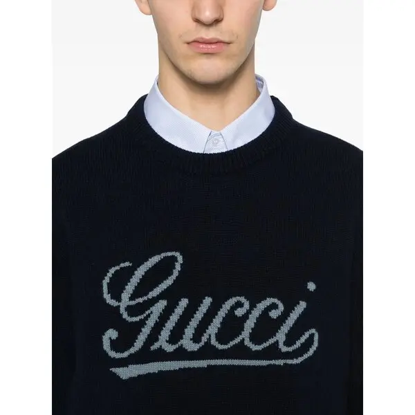 Gucci Navy Wool Logo Crew Neck Sweater