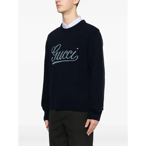 Gucci Navy Wool Logo Crew Neck Sweater