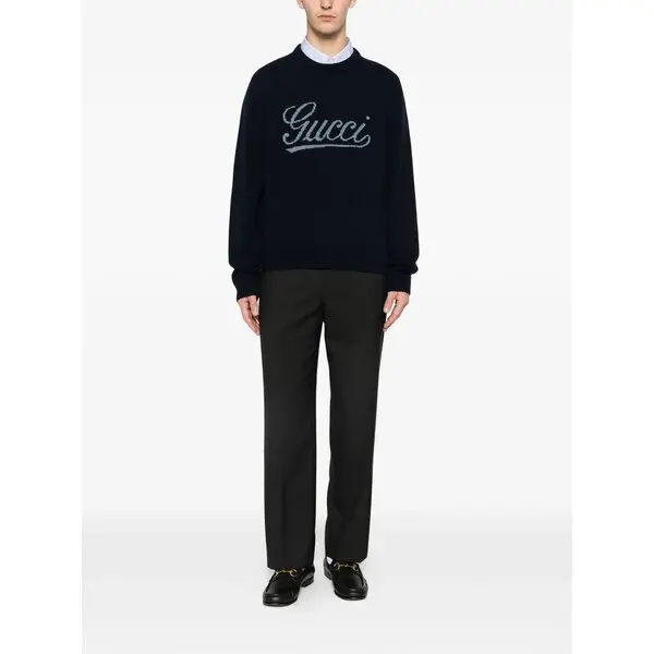 Gucci Navy Wool Logo Crew Neck Sweater