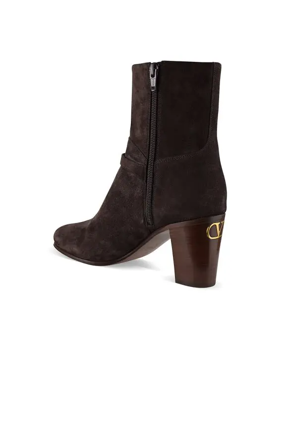 Valentino Garavani Dark Suede Buckled Heel Boots - Brown