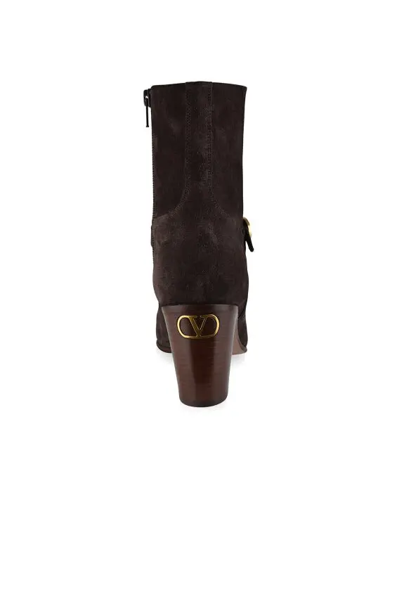 Valentino Garavani Dark Suede Buckled Heel Boots - Brown
