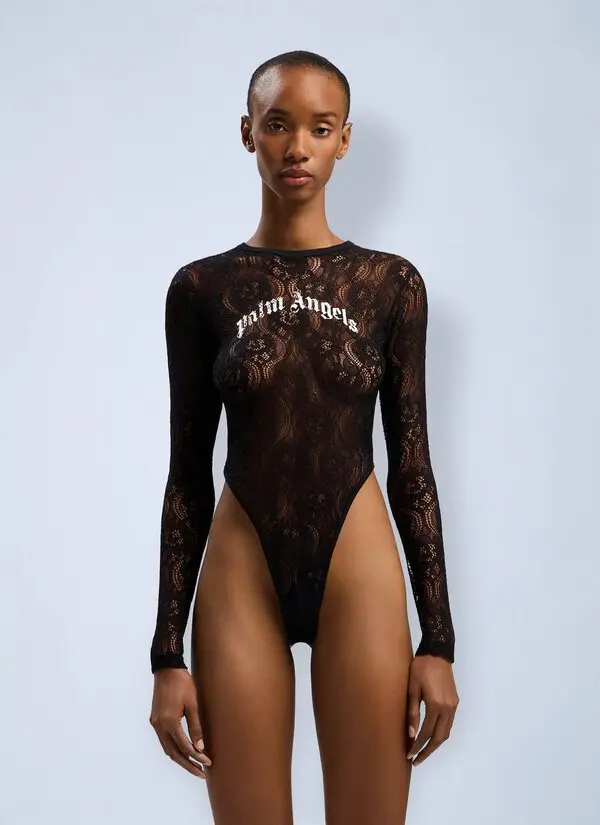 Palm Angels Curved Logo Lace Bodysuit - Black