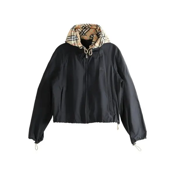 Burberry Cropped Zip-up Jacket With Check Hood - Black