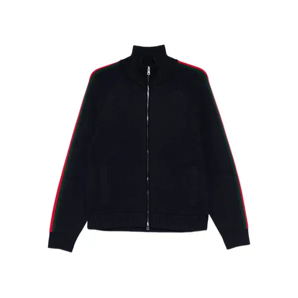Gucci Zip-up High Neck Cardigan With Striped Sleeves - Blue