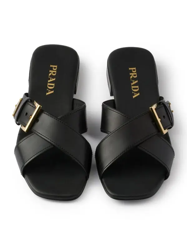Prada Leather Slider Sandals With Buckle