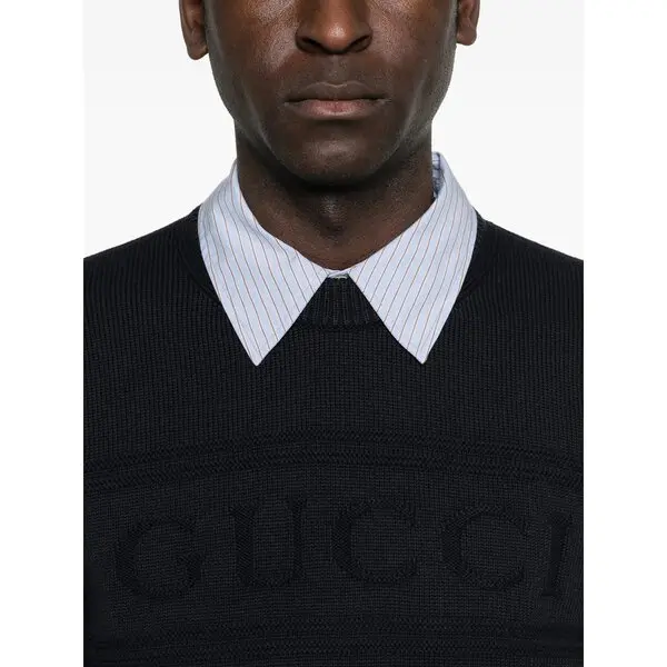 Gucci Dark Tonal Logo Ribbed Knit Crew Neck Long Sleeve Sweater