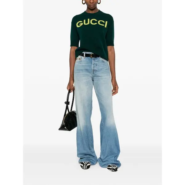 Gucci Denim Flared Jeans With Horsebit Detail - Blue