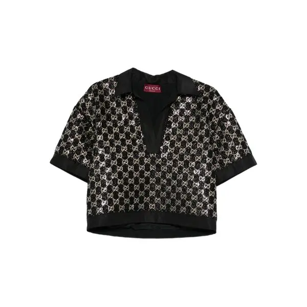 Gucci Embellished Sequin V-neck Cropped Top - Black