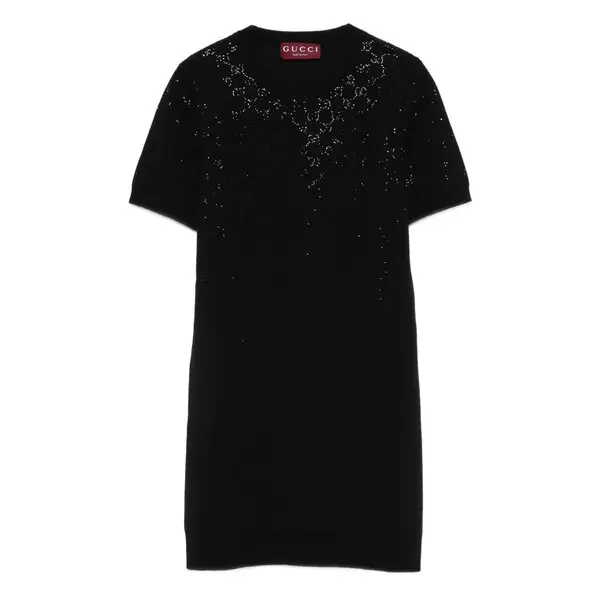 Gucci Embellished Short Sleeve Knit Dress - Black