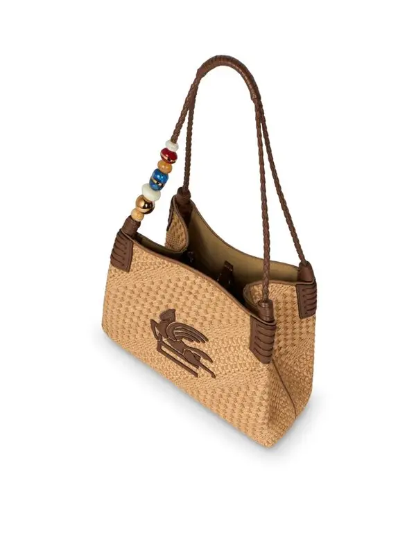 Etro Libra Small Raffia Shopping Bag With Embroidered Pegasus Logo - Brown