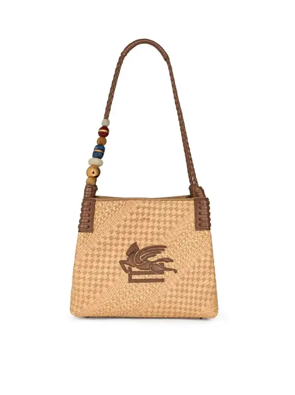 Etro Libra Small Raffia Shopping Bag With Embroidered Pegasus Logo - Brown