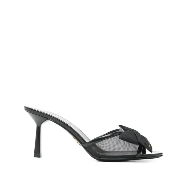 Prada Bow Detail Stiletto Heel Open Toe Mules - Black