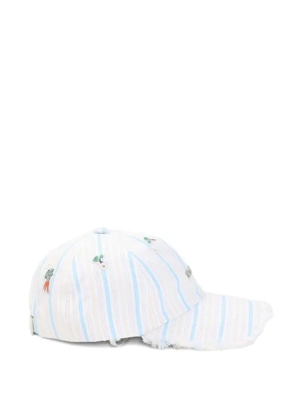 Jacquemus White Jacquard Stripe Baseball Cap With Embroidery And Fringe Trim