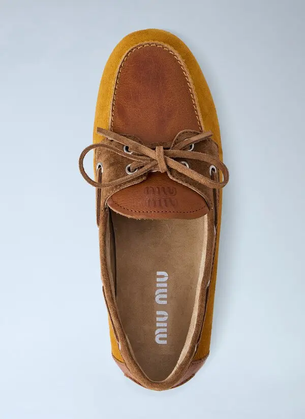 Miu Miu Suede And Leather Boat Shoes - Brown