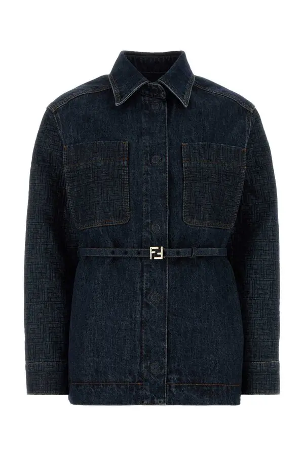 Fendi Denim Jacket With Ff Buckle Belt - Blue