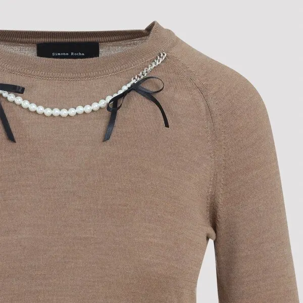 Simone Rocha Merino Wool & Silk Pullover With Pearl & Bow Embellishment
