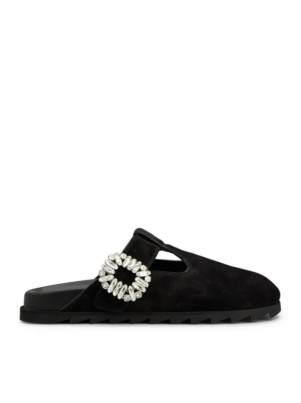 ROGER VIVIER Suede Mules With Crystal Buckle - Black