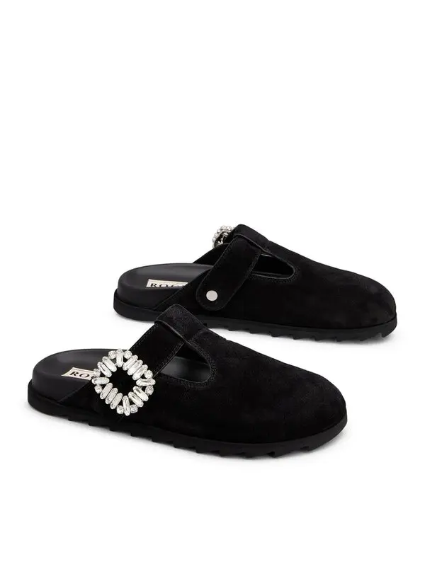 ROGER VIVIER Suede Mules With Crystal Buckle - Black