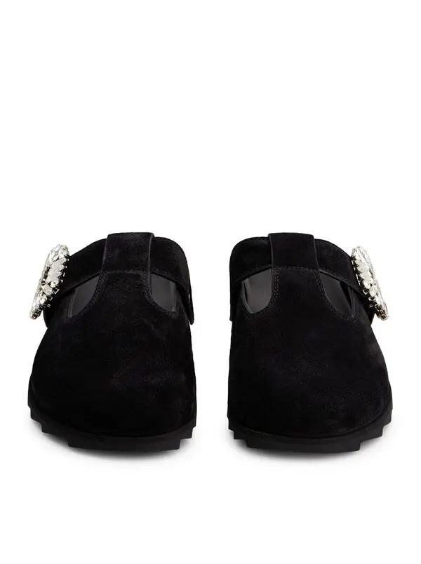 ROGER VIVIER Suede Mules With Crystal Buckle - Black