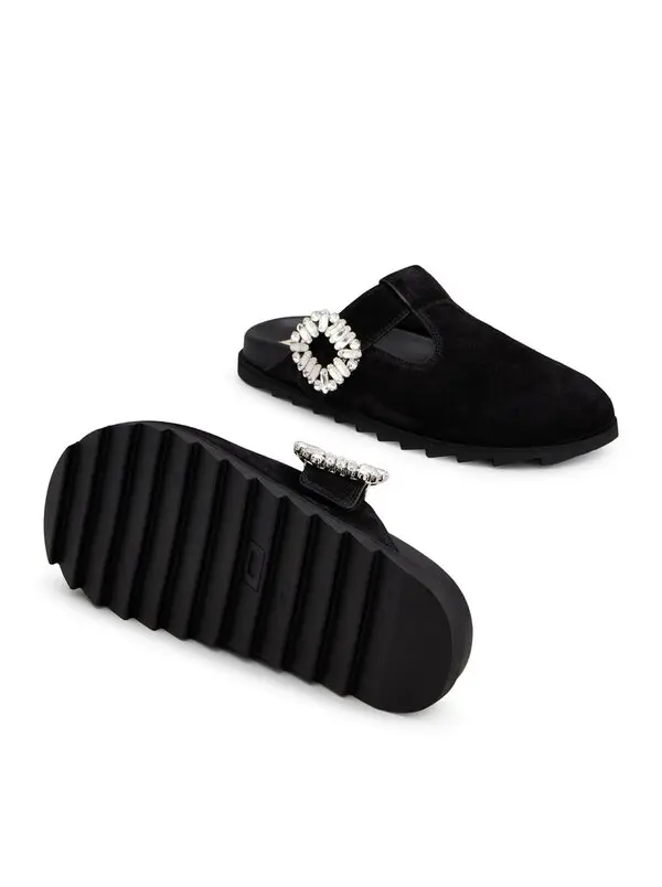 ROGER VIVIER Suede Mules With Crystal Buckle - Black
