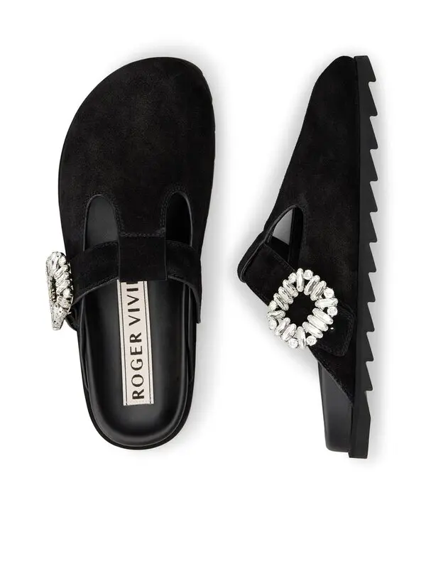 ROGER VIVIER Suede Mules With Crystal Buckle - Black