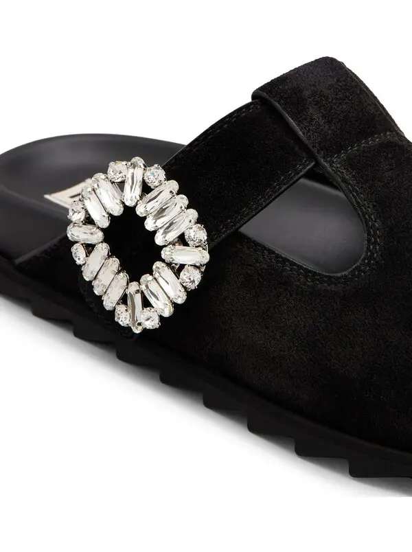 ROGER VIVIER Suede Mules With Crystal Buckle - Black