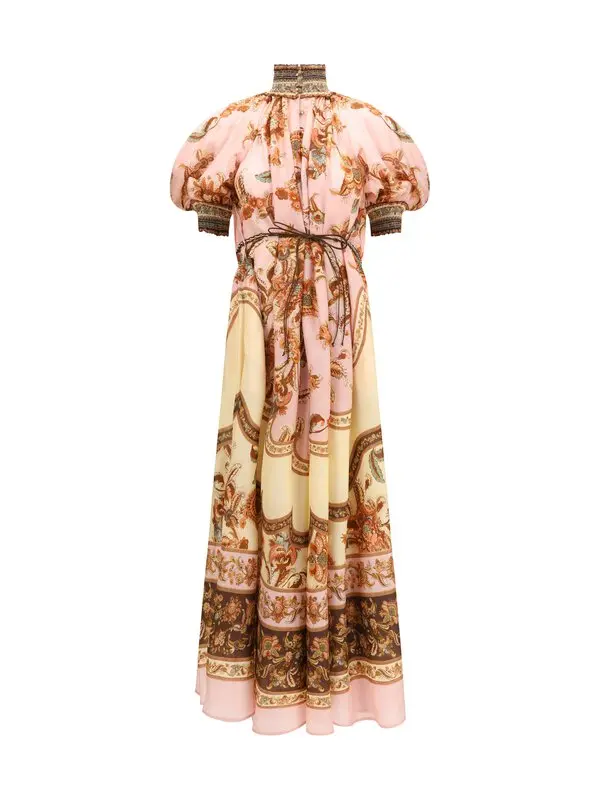 Zimmermann Aster Billow Dress Printed Silk Maxi Dress With Puff Sleeves And Belted Waist - Multicolor