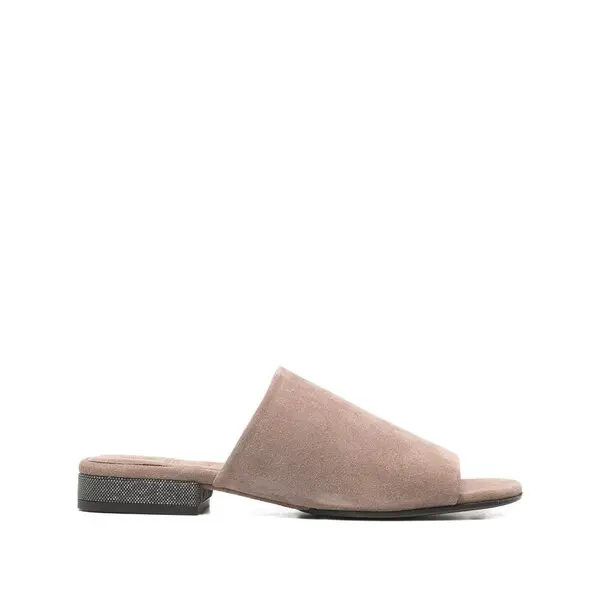 Brunello Cucinelli Open Toe Flat Heel Suede Slides - Cream