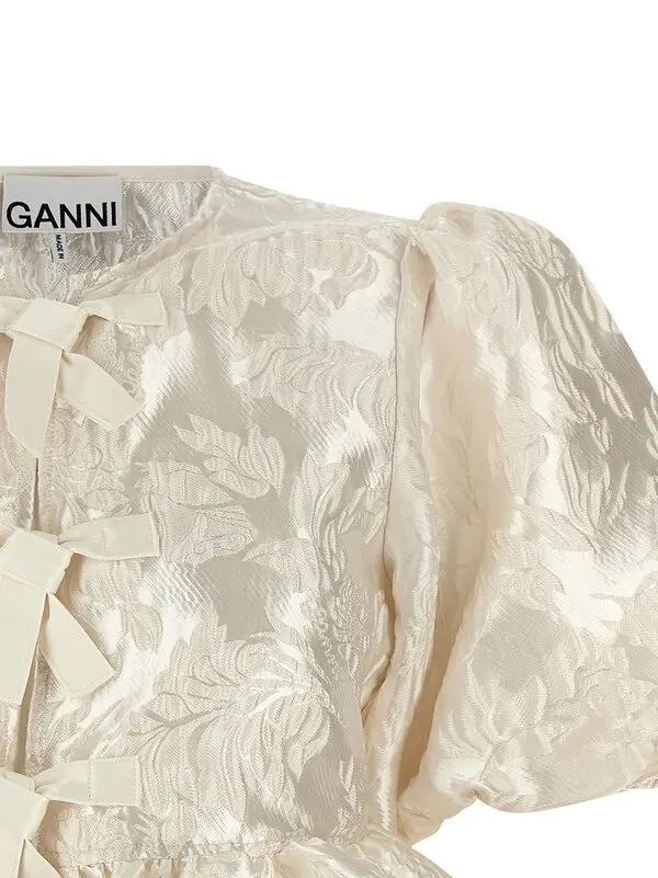 GANNI Satin Peplum Blouse With Bow Detail - White