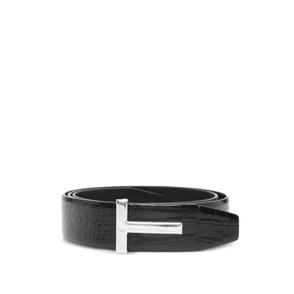 TOM FORD Croc-effect Belt With Silver-tone T Buckle - Black