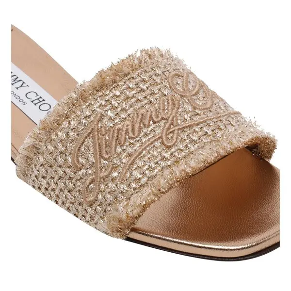 JIMMY CHOO Joa Flat Sandals Metallic Raffia Slides