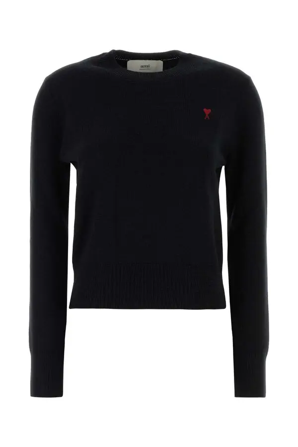 AMI Paris Merino Wool Crewneck Sweater With Embroidered Detail - Black