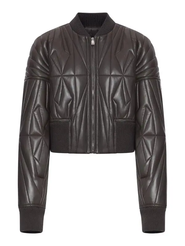 Moncler Geometric Quilted Leather Bomber Jacket - Brown