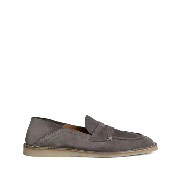 Dolce & Gabbana Grey Suede Loafers With Logo Plaque - Gray