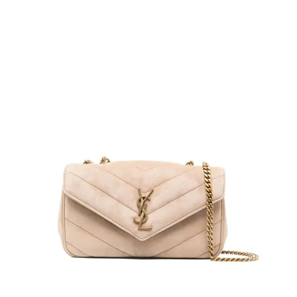 Saint Laurent Beige Suede Logo Plaque Chain Shoulder Bag - Cream
