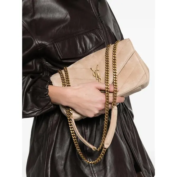 Saint Laurent Beige Suede Logo Plaque Chain Shoulder Bag - Cream