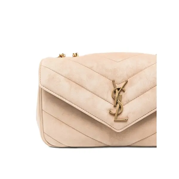 Saint Laurent Beige Suede Logo Plaque Chain Shoulder Bag - Cream