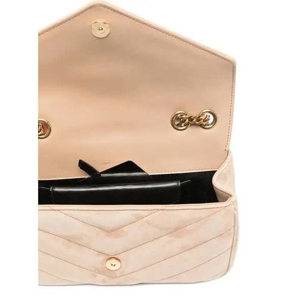 Saint Laurent Beige Suede Logo Plaque Chain Shoulder Bag - Cream
