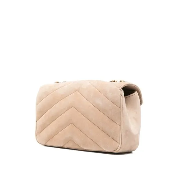 Saint Laurent Beige Suede Logo Plaque Chain Shoulder Bag - Cream