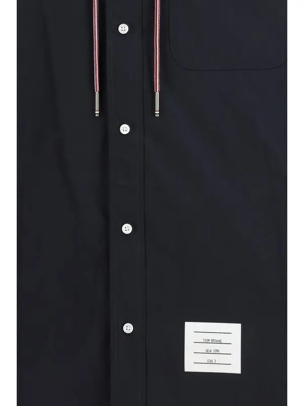 Thom Browne Nylon Cotton Hooded Shirt Jacket With Drawstring And Logo Patch - Black