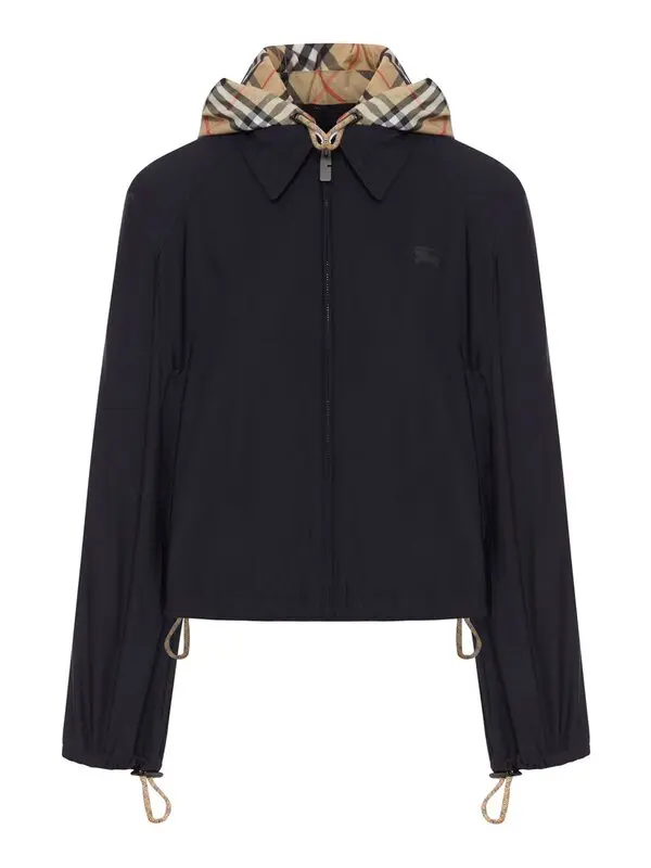 Burberry Cropped Technical Jacket With Hood And Check Detail