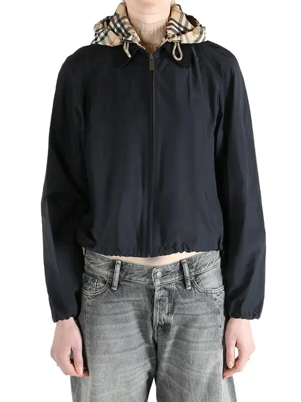 Burberry Cropped Technical Jacket With Hood And Check Detail