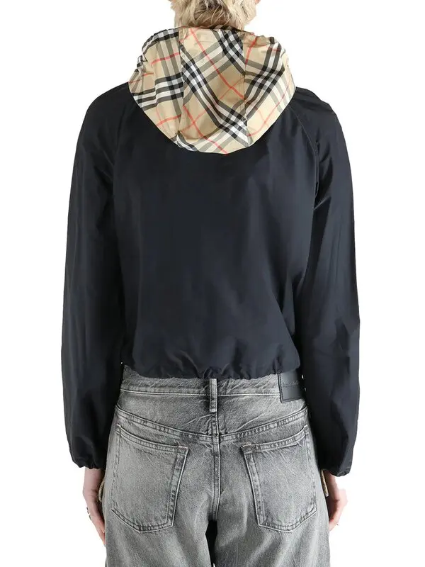 Burberry Cropped Technical Jacket With Hood And Check Detail