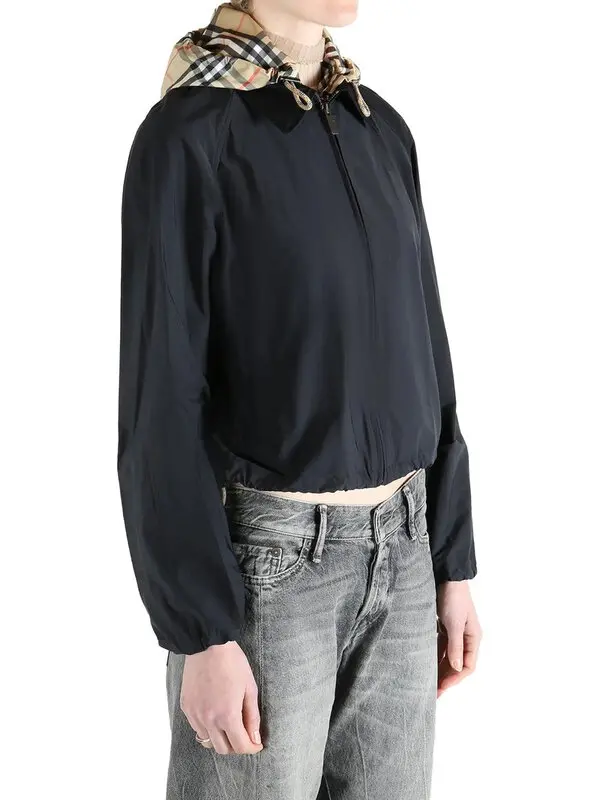 Burberry Cropped Technical Jacket With Hood And Check Detail