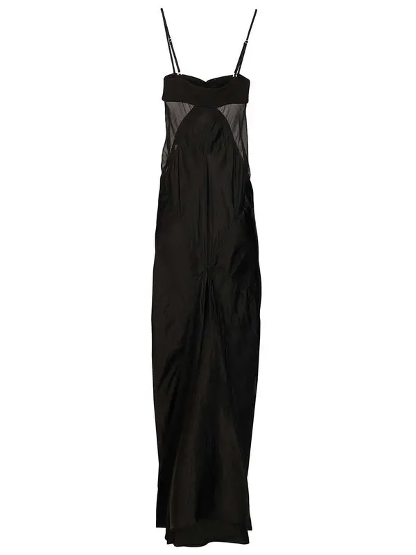Rick Owens Combo Long Satin Dress With Sheer Panels - Black