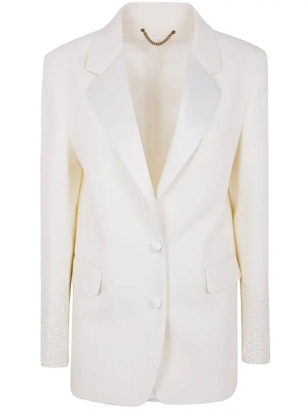 GOLDEN GOOSE Journey W`s Single Breasted Over Jacket Viscose Wool Crepe W Satin Lapel & Beads Embroidery - White