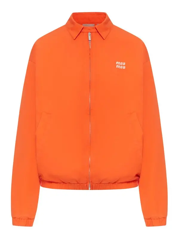 Miu Miu Cotton Poplin Bomber Jacket With Logo - Orange